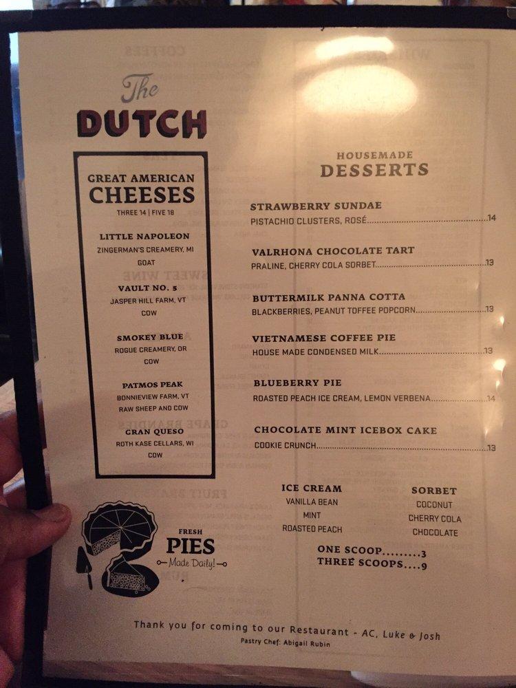 Menu at The Dutch restaurant, New York City, 131 Sullivan St