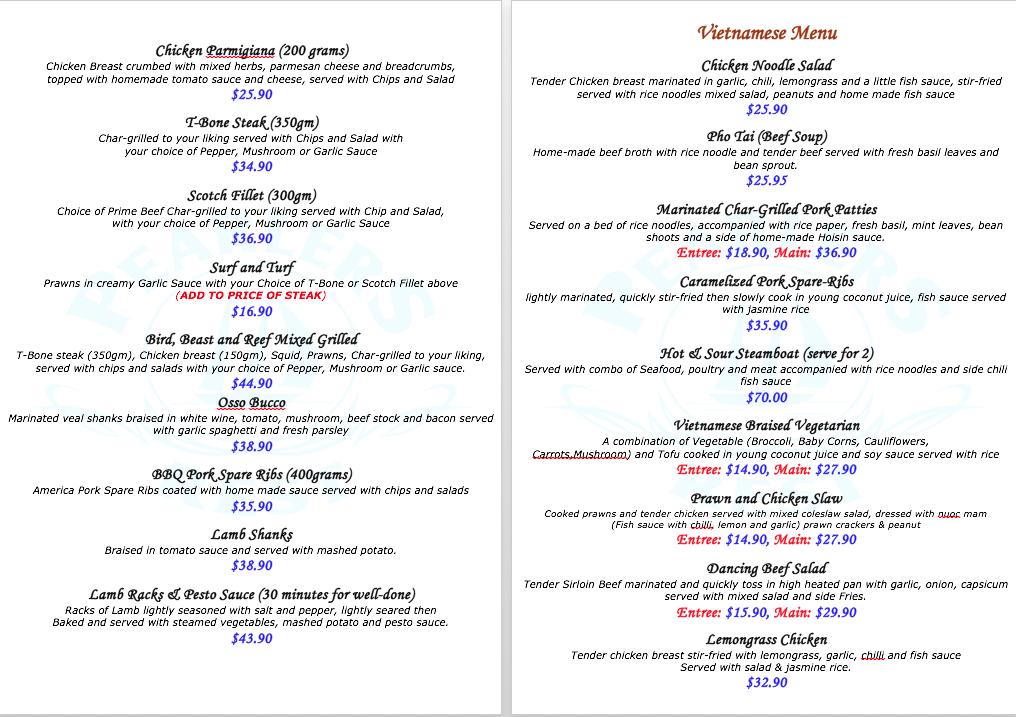 Menu at The Pearlers Rest Family Restaurant Karratha, Karratha