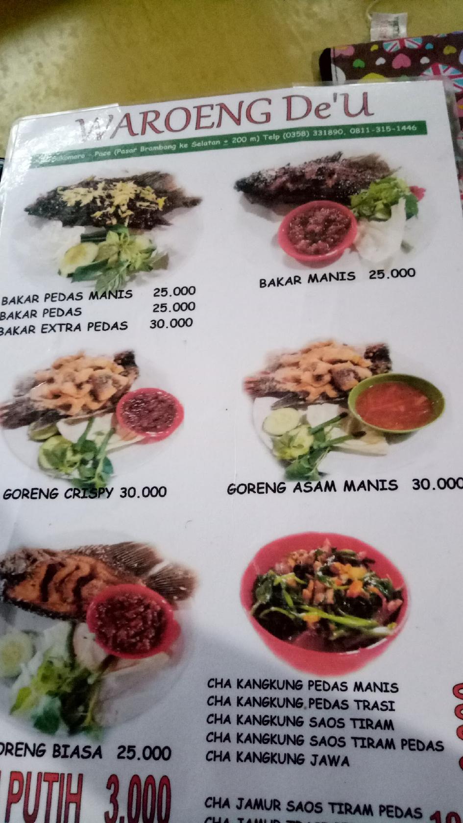 Menu at Resto De'U restaurant, Nganjuk