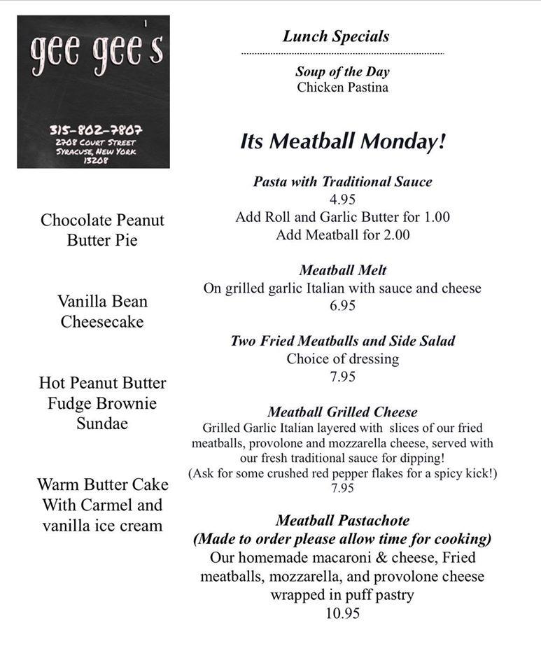 Menu at gee gee's steakhouse, Syracuse, Court St