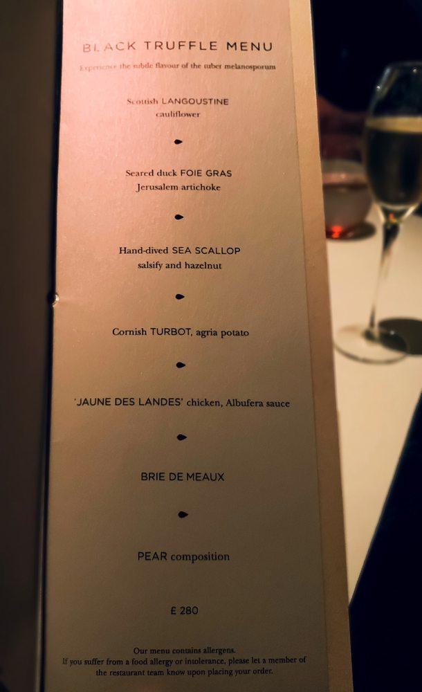 Menu at Alain Ducasse at The Dorchester restaurant, London, 53 Park Ln