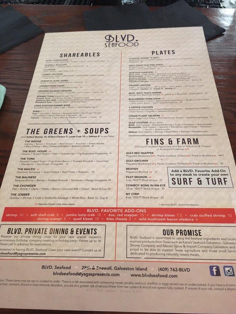 Menu at BLVD Seafood steakhouse, Galveston