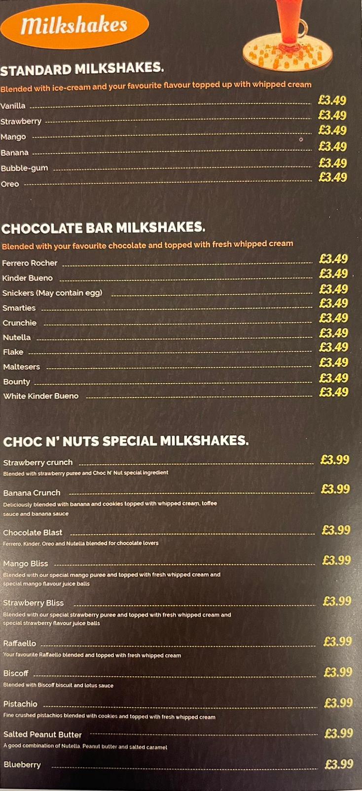 Menu at Choc N' Nut desserts, Leicester