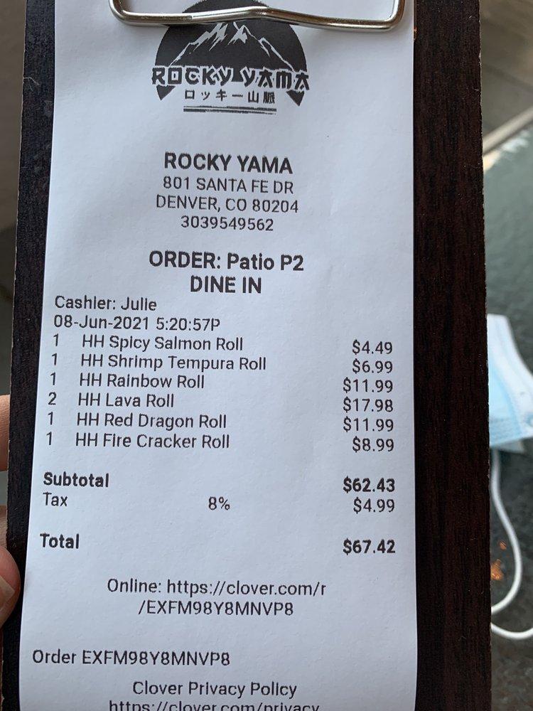 Menu at Rocky Yama Sushi restaurant, Denver