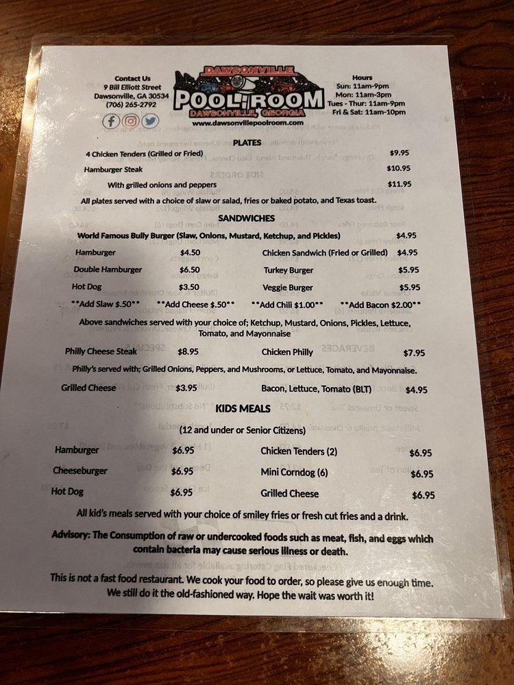 Menu at Dawsonville Pool Room restaurant, Dawsonville