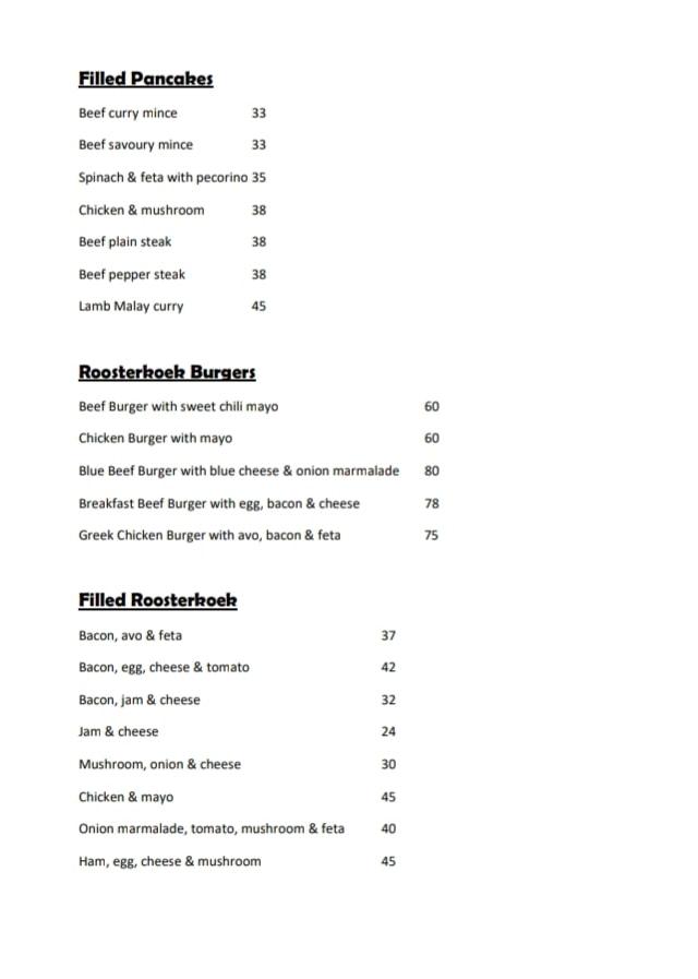 Menu at Die Rooi Pot restaurant, Heidelberg, 5 Eksteen St