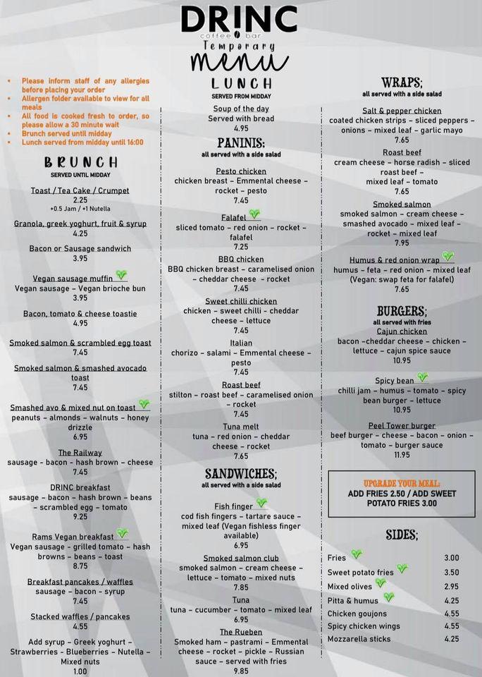 Menu at DRINC cafe, Ramsbottom