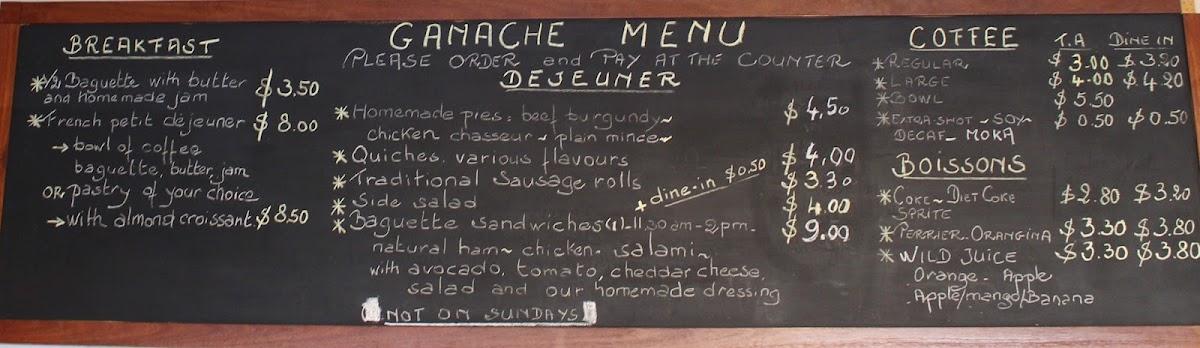 Menu at Ganache Patisserie Francaise cafe, Castlecrag