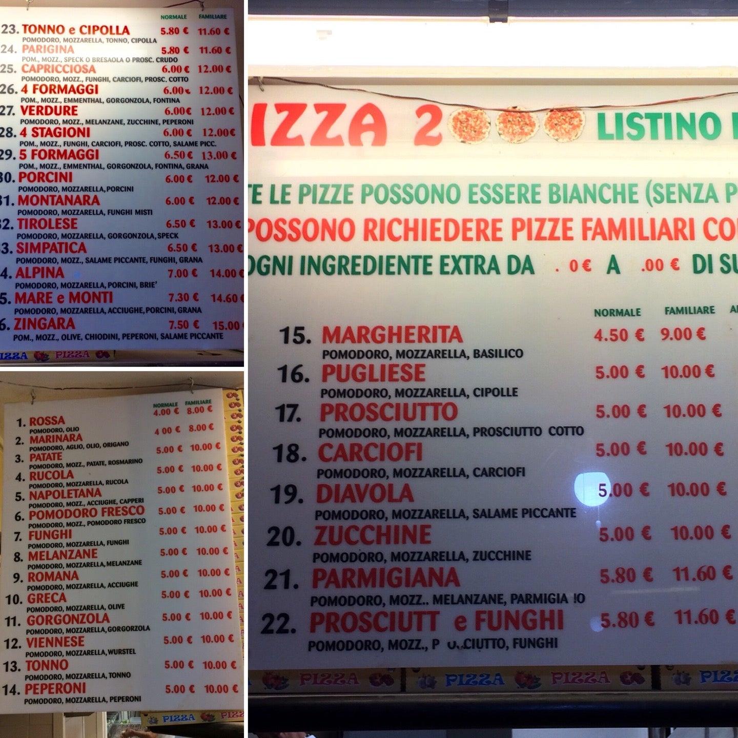 Menu at Pizza 2000 pizzeria, Venice