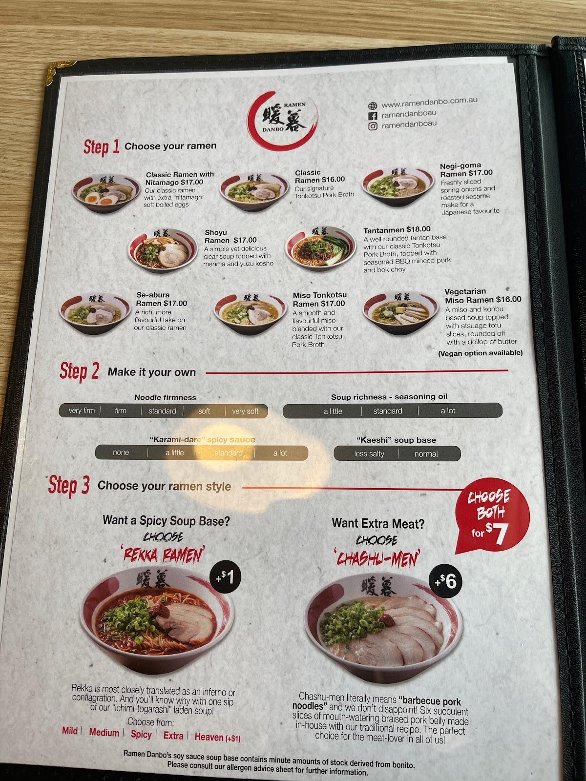 Menu at Ramen Danbo Pimpama restaurant, Pimpama
