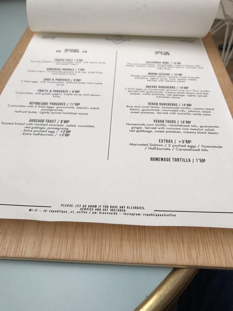 Menu at République of Coffee, Paris, 2 Bd Saint-Martin
