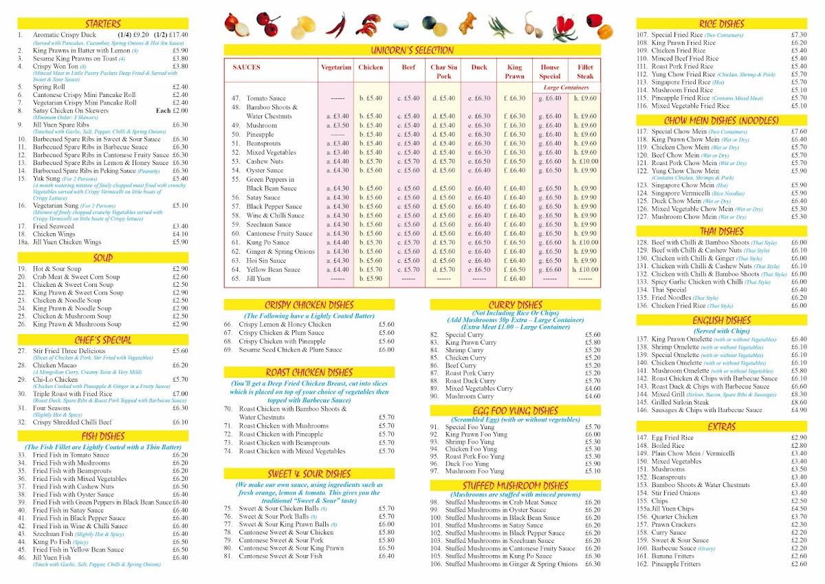 Menu at Unicorn Chinese fast food, Atherstone