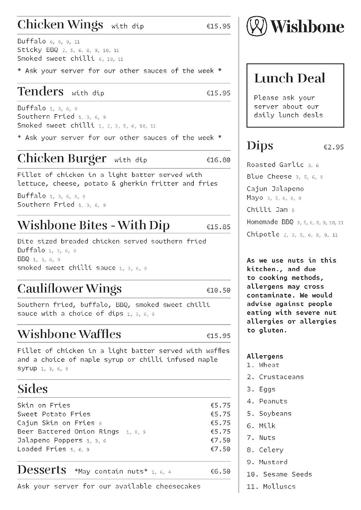 Menu at Wishbone Galway restaurant, Galway