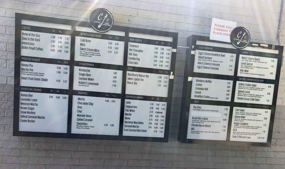 Menu at CJ's Coffee Cafe, Sherman, 818 N Travis St