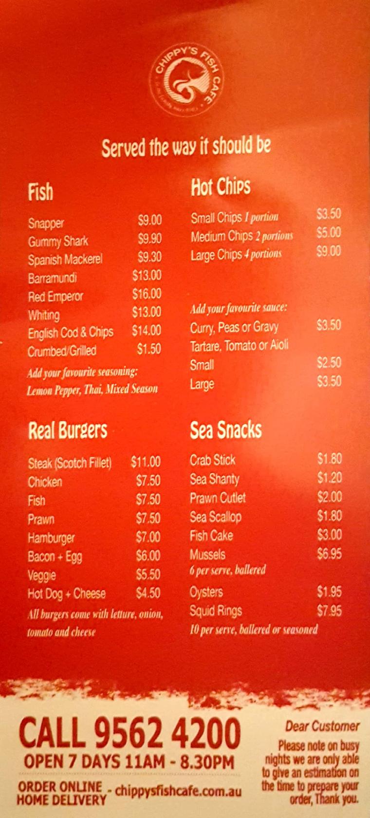Menu at Chippy's Fish Cafe BUTLER, Butler, Shop 16 Brighton Shopping ...