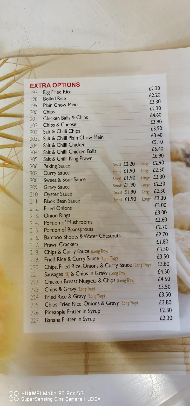 Menu at Hong Kong Carry Out fast food, Dunoon