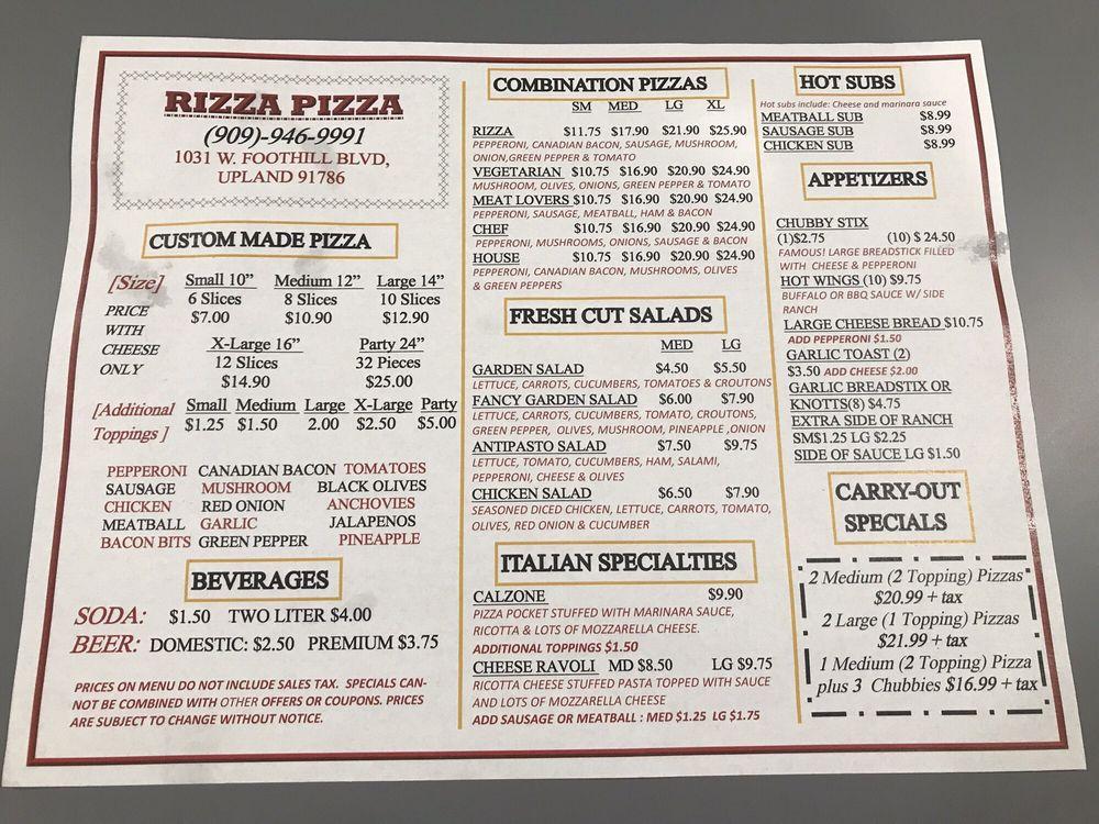 Menu at RIZZA PIZZA pizzeria, Upland