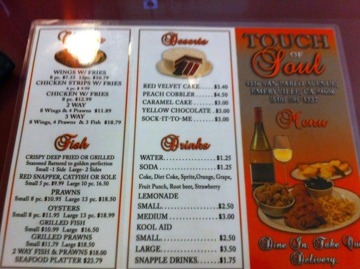 Menu at Touch of Soul restaurant, Emeryville