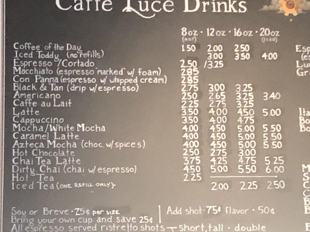 Menu at Caffe Luce cafe, Tucson, N Campbell Ave