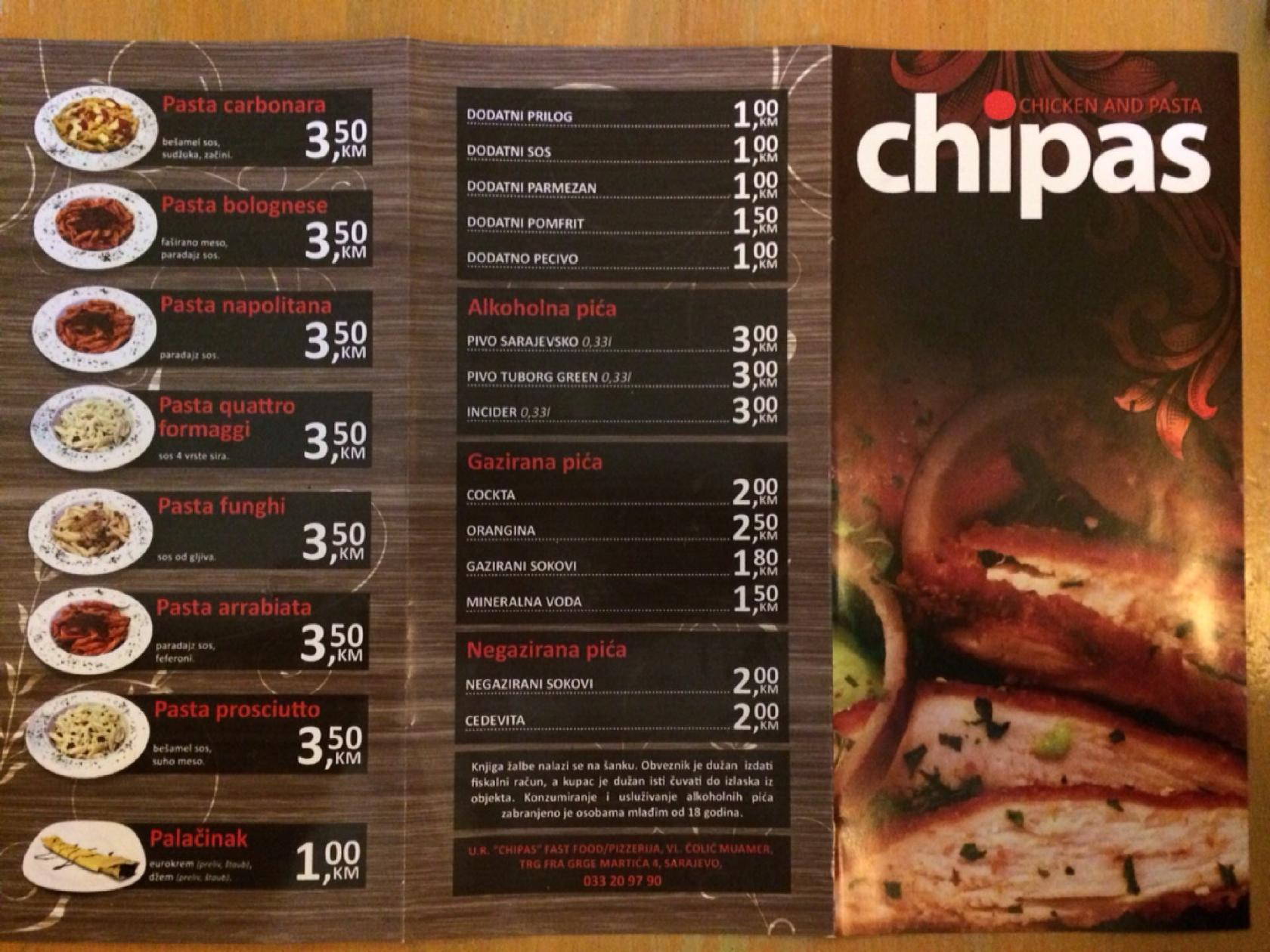 Menu at Chipas restaurant, Sarajevo