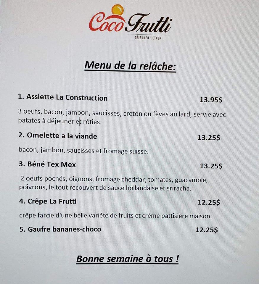 Menu at Coco Frutti Victoriaville pub & bar, Victoriaville