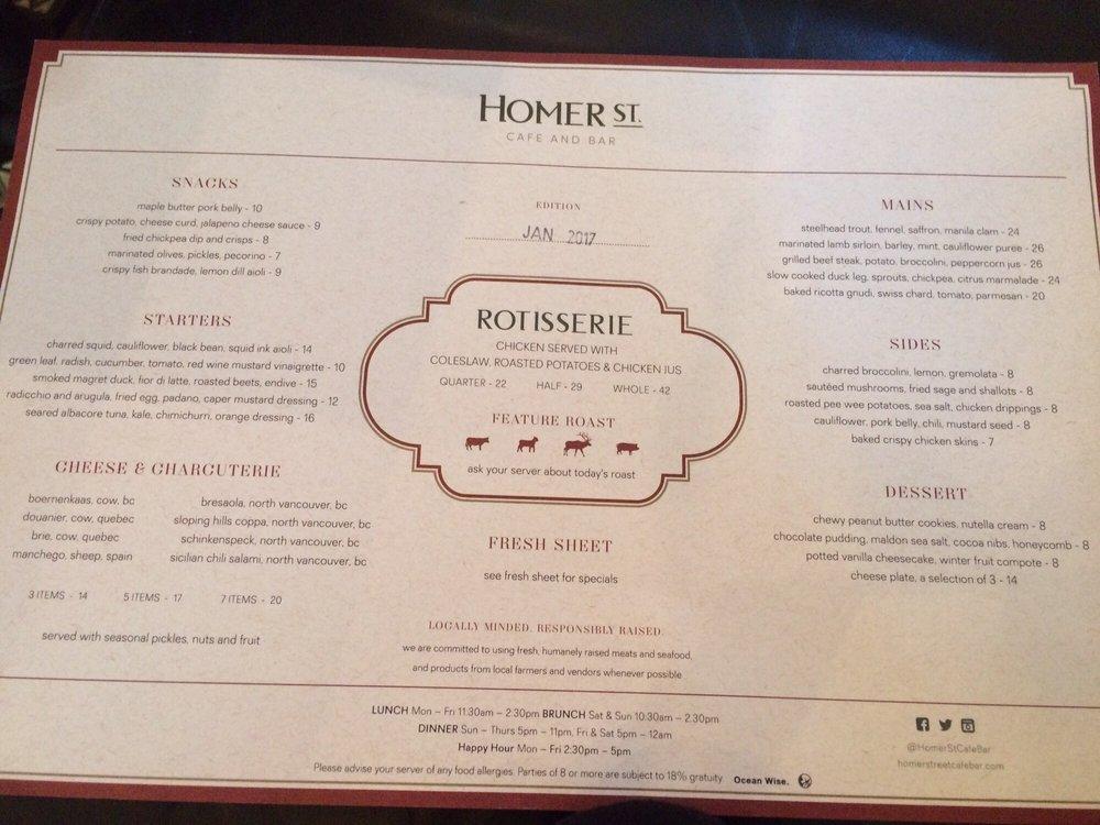 Menu at Homer St. Cafe and Bar, Vancouver