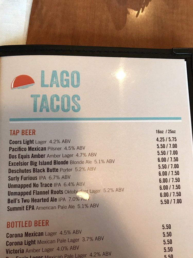 Menu at Lago Tacos restaurant, Excelsior