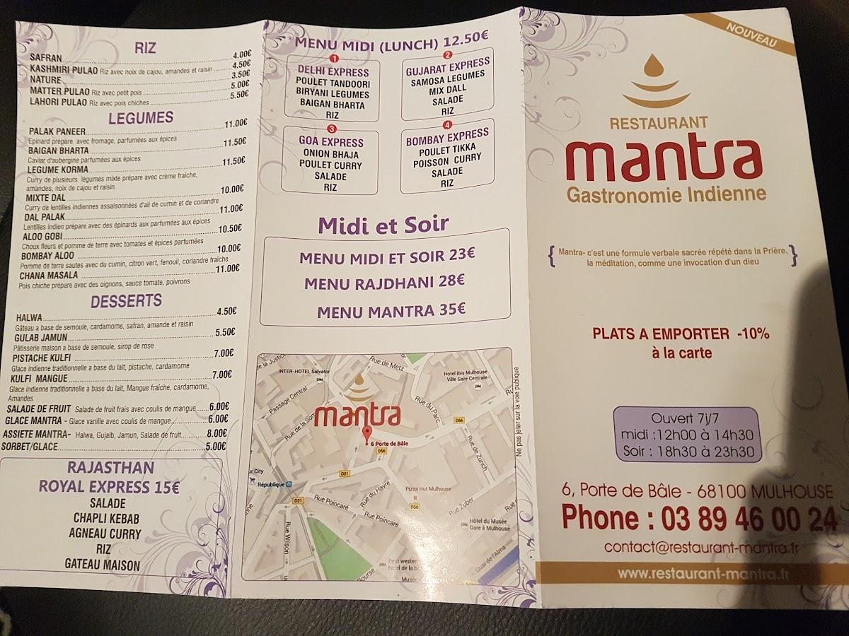Menu au Mantra restaurant, Mulhouse