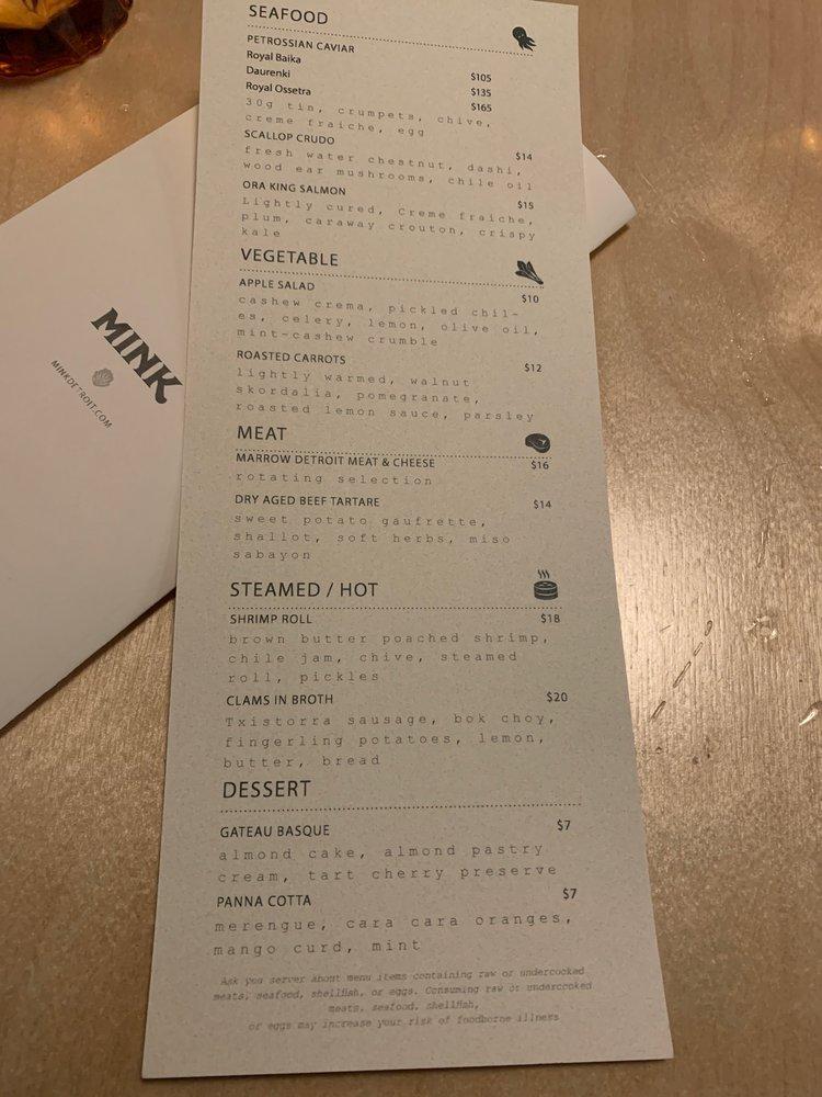 Menu at Mink Detroit pub & bar, Detroit