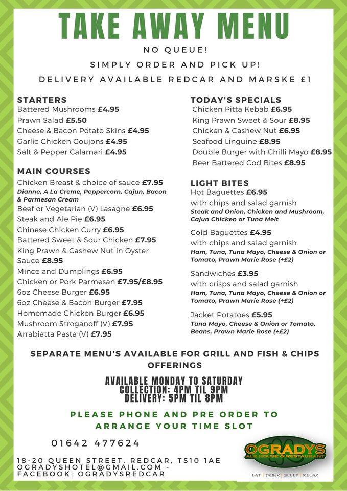 Menu at O'Gradys Hotel pub & bar, Redcar
