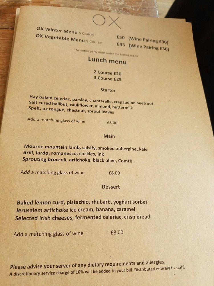 Menu at OX Belfast restaurant, Belfast