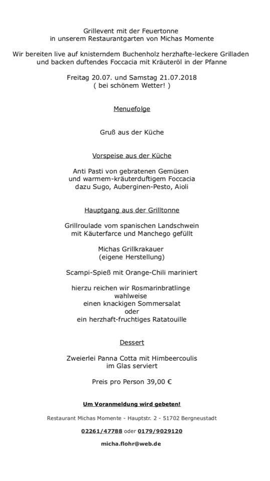 Speisekarte von Restaurant Micha's Momente, Bergneustadt