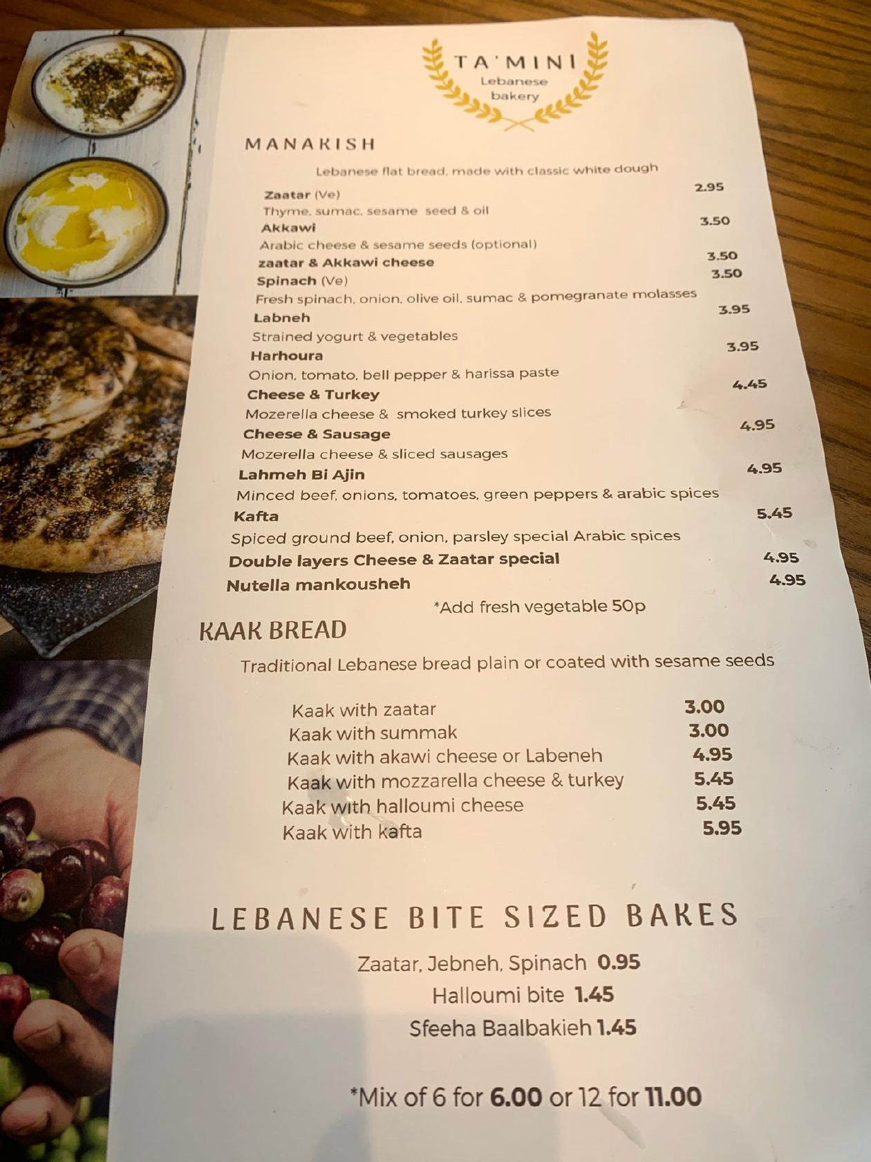 Menu at TA’MINI LEBANESE BAKERY, London, 801 Fulham Rd.