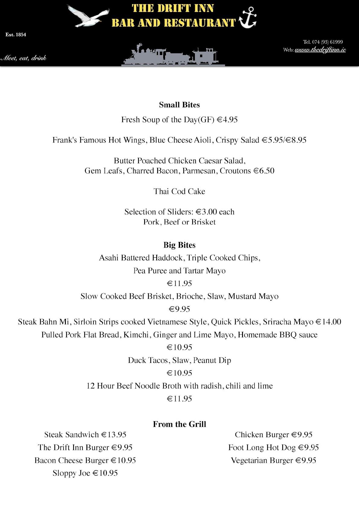 Menu at The Drift Inn pub & bar, Buncrana