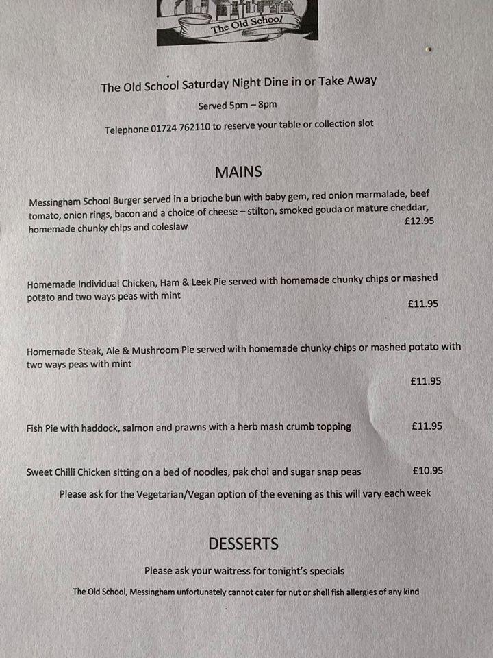 Menu at The Old School Messingham cafe, Scunthorpe