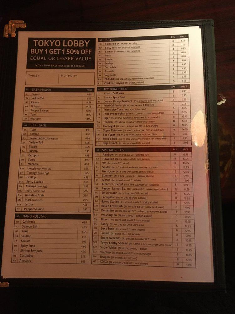 Menu at Tokyo Lobby Restaurant, Hacienda Heights