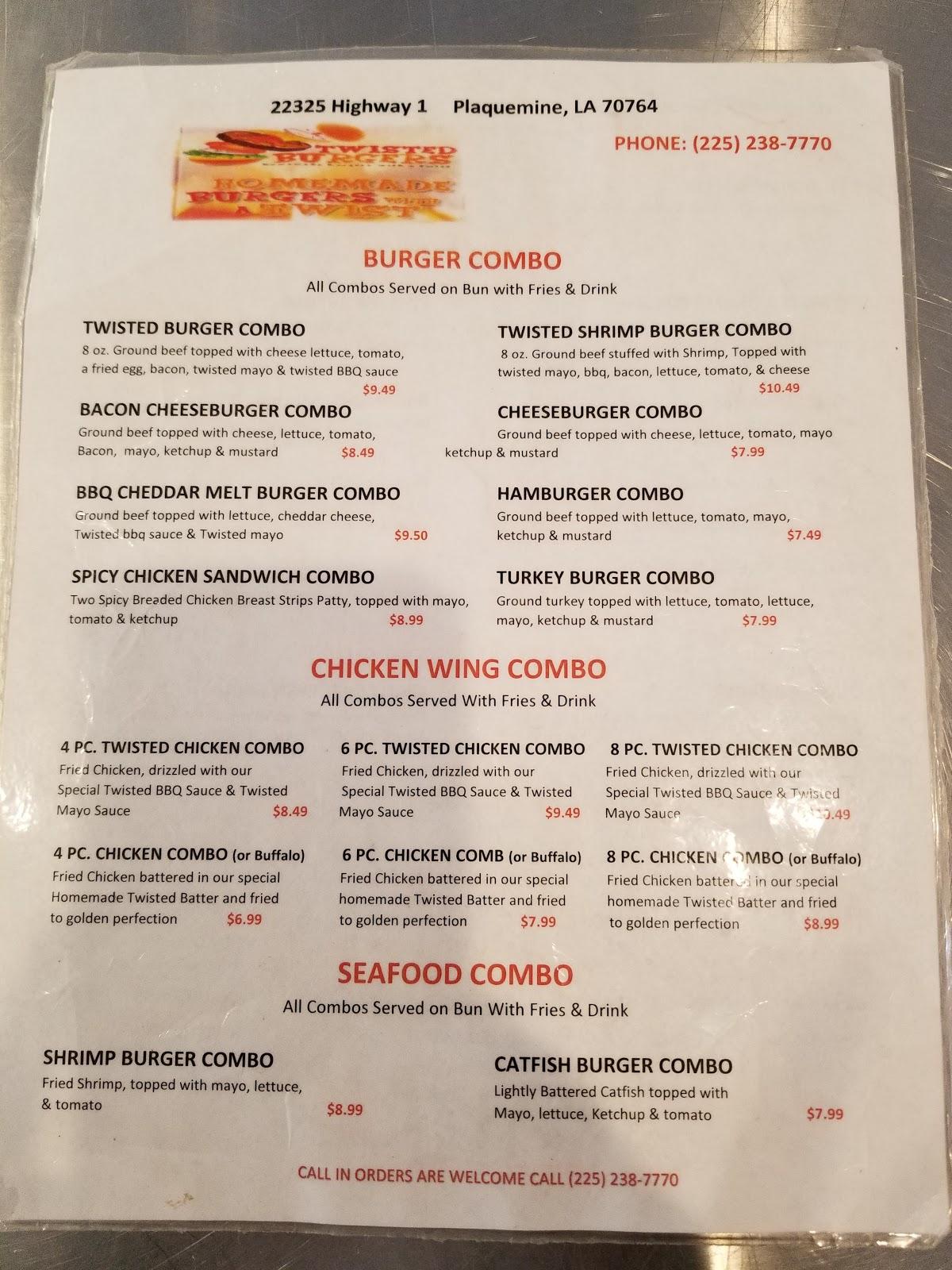 Menu at Twisted Burgers restaurant, Plaquemine