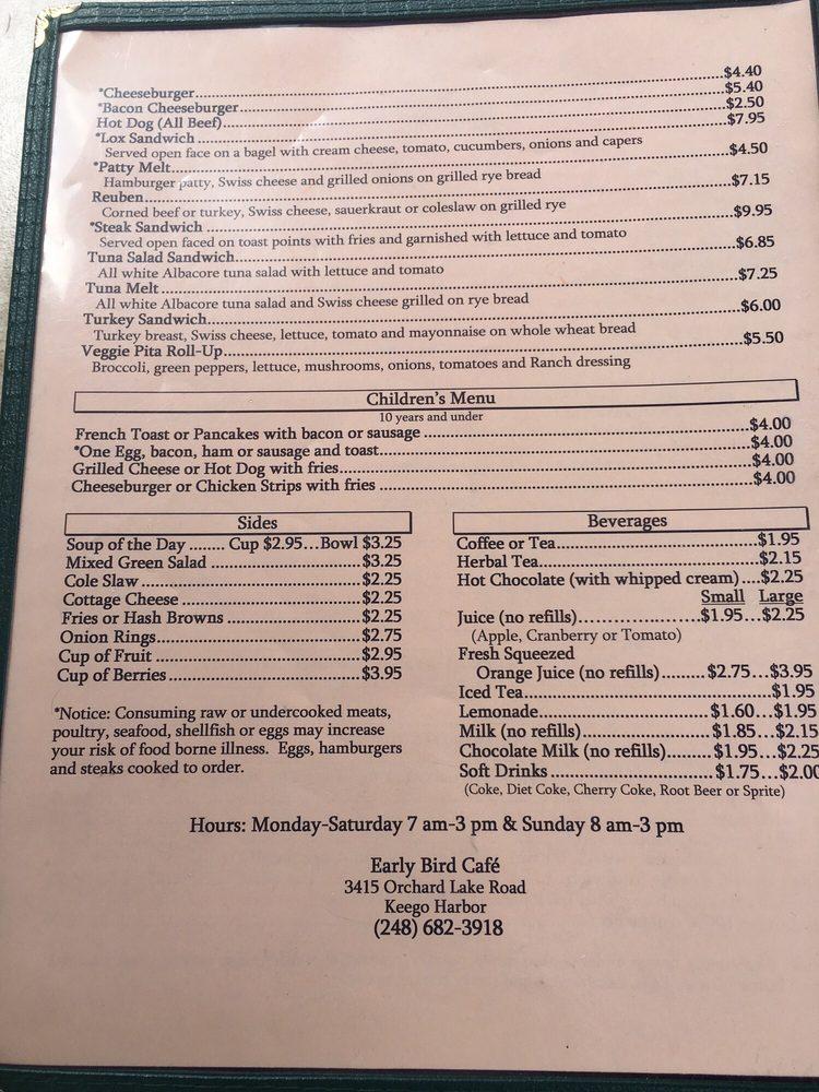 Menu at Early Bird Cafe, Keego Harbor