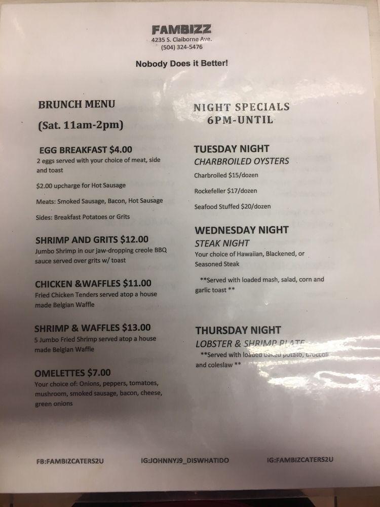 Menu at Fam Bizz restaurant, New Orleans, S Claiborne Ave