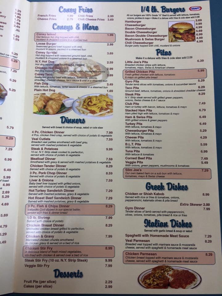 Menu at Little Joe's Coney Island restaurant, Warren