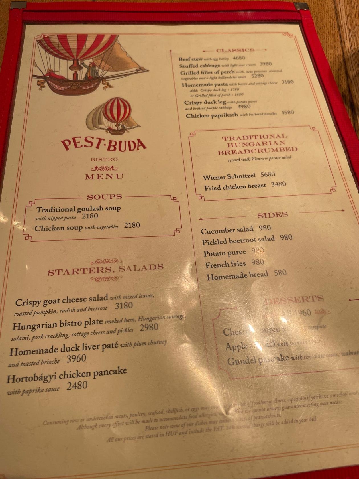 Carta del restaurante Pest-Buda Bistro, Budapest