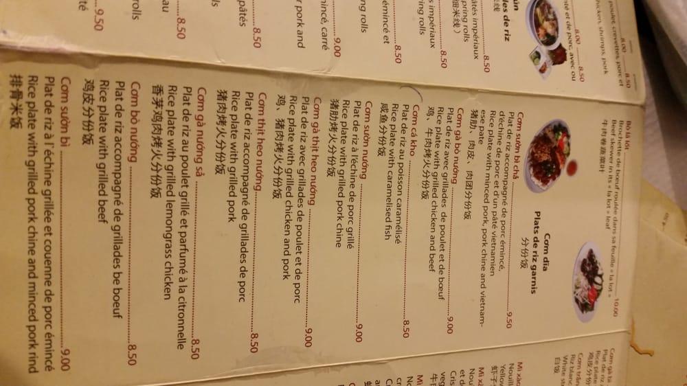 Menu at Pho Bida Viet Nam restaurant, Paris