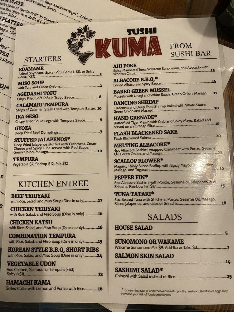 Menu at Sushi Kuma restaurant, Monterey