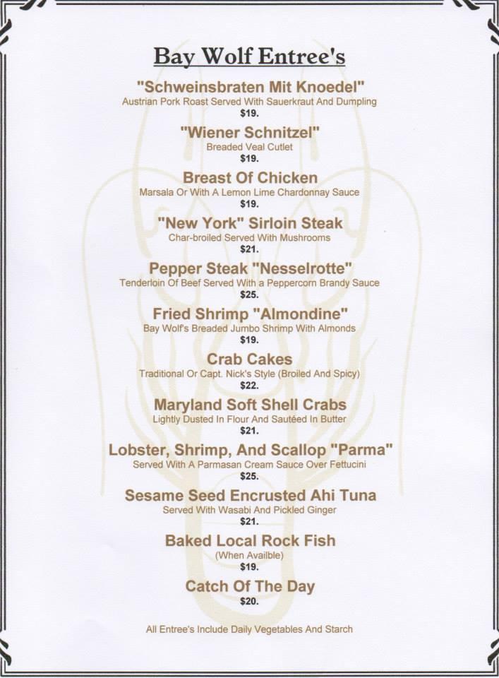 Menu at Bay Wolf Restaurant, Rock Hall