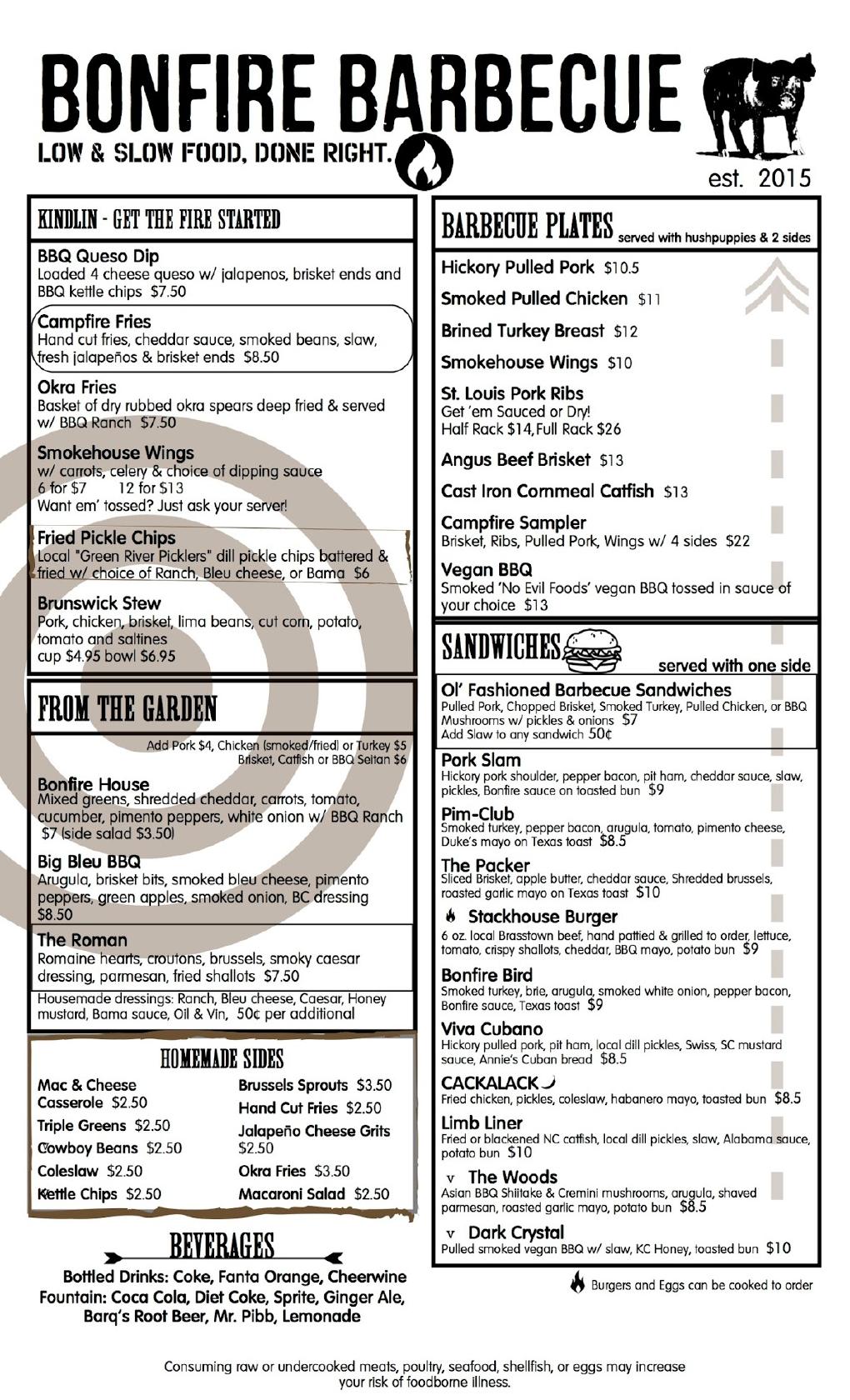 Menu at Bonfire BBQ & Catering, Asheville