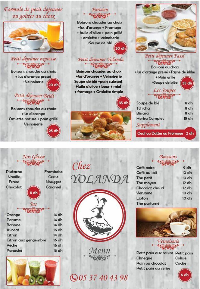 Menu at Café Yolanda cafe, Temara