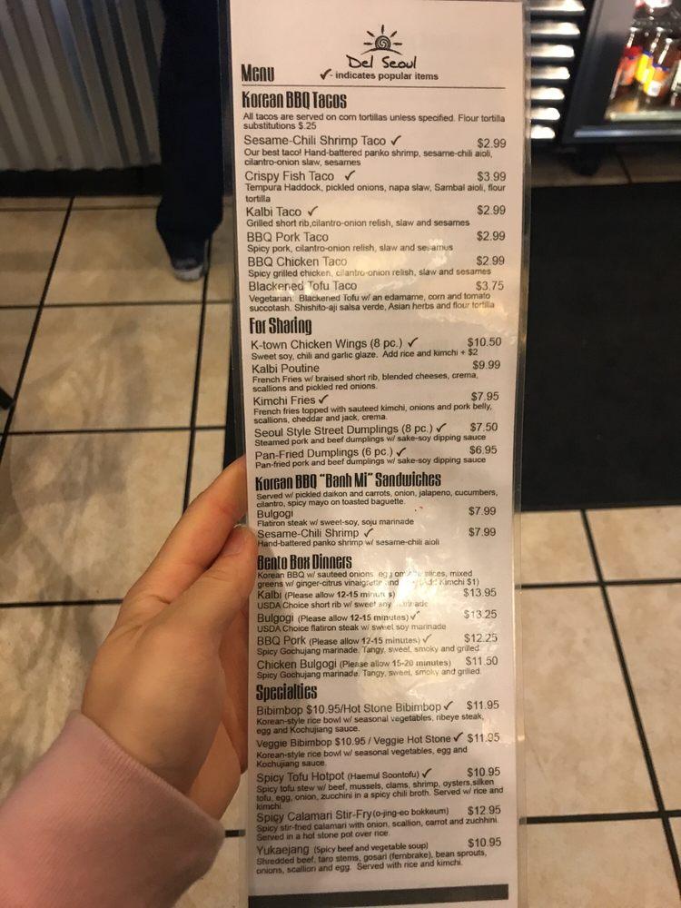 Menu at Del Seoul restaurant, Chicago