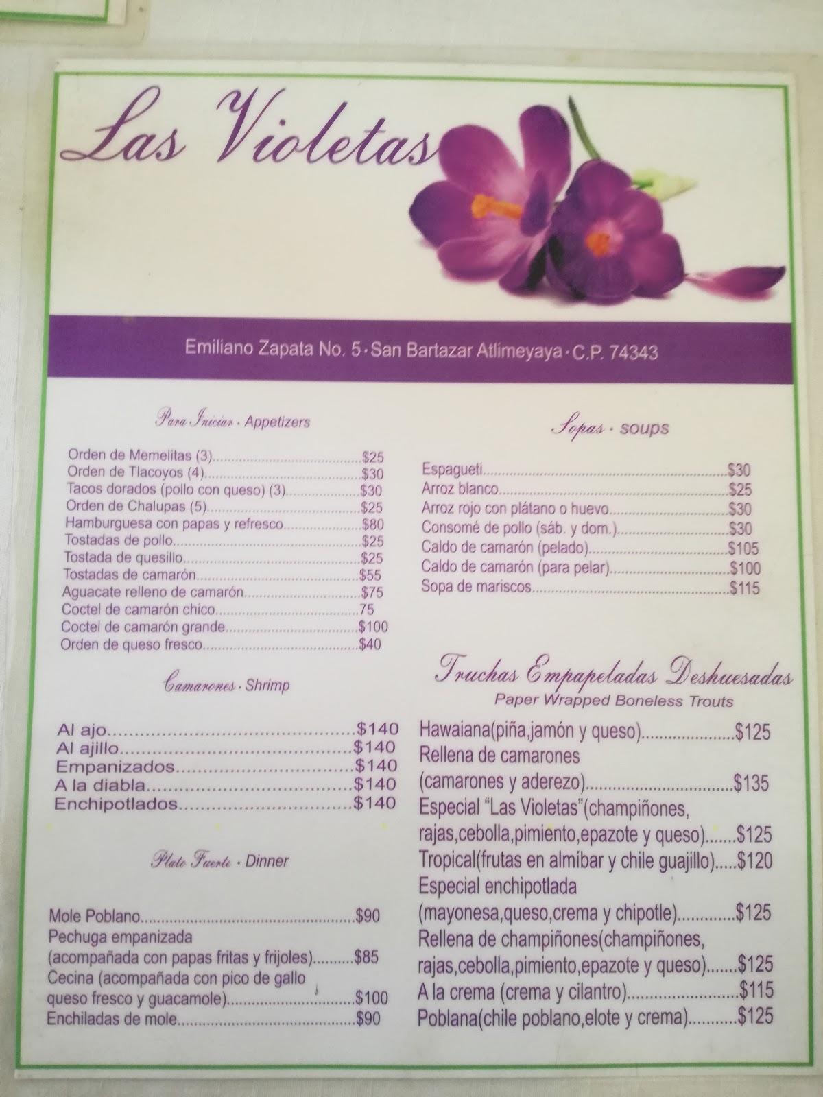 Carta del restaurante Las Violetas, San Baltazar Atlimeyaya