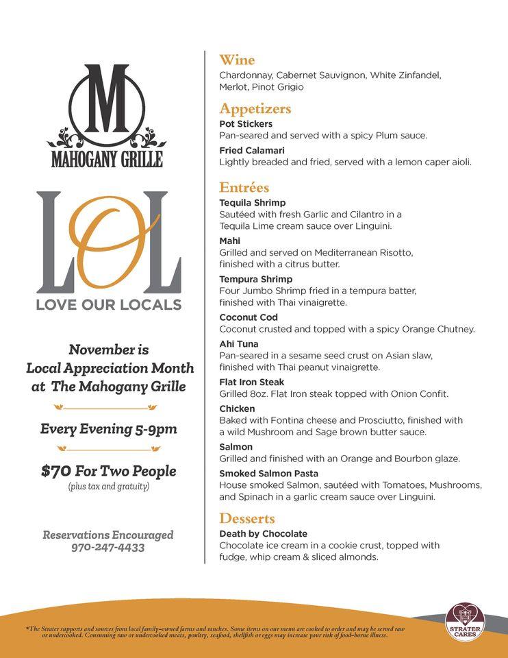 Menu at Mahogany Grille steakhouse, Durango