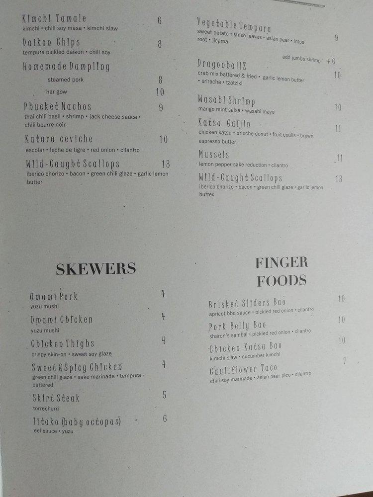 Menu at NoMi restaurant, El Paso